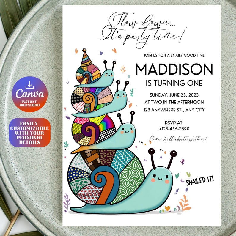 Snail First Birthday Invitation, Editable Canva Template, Instant ...
