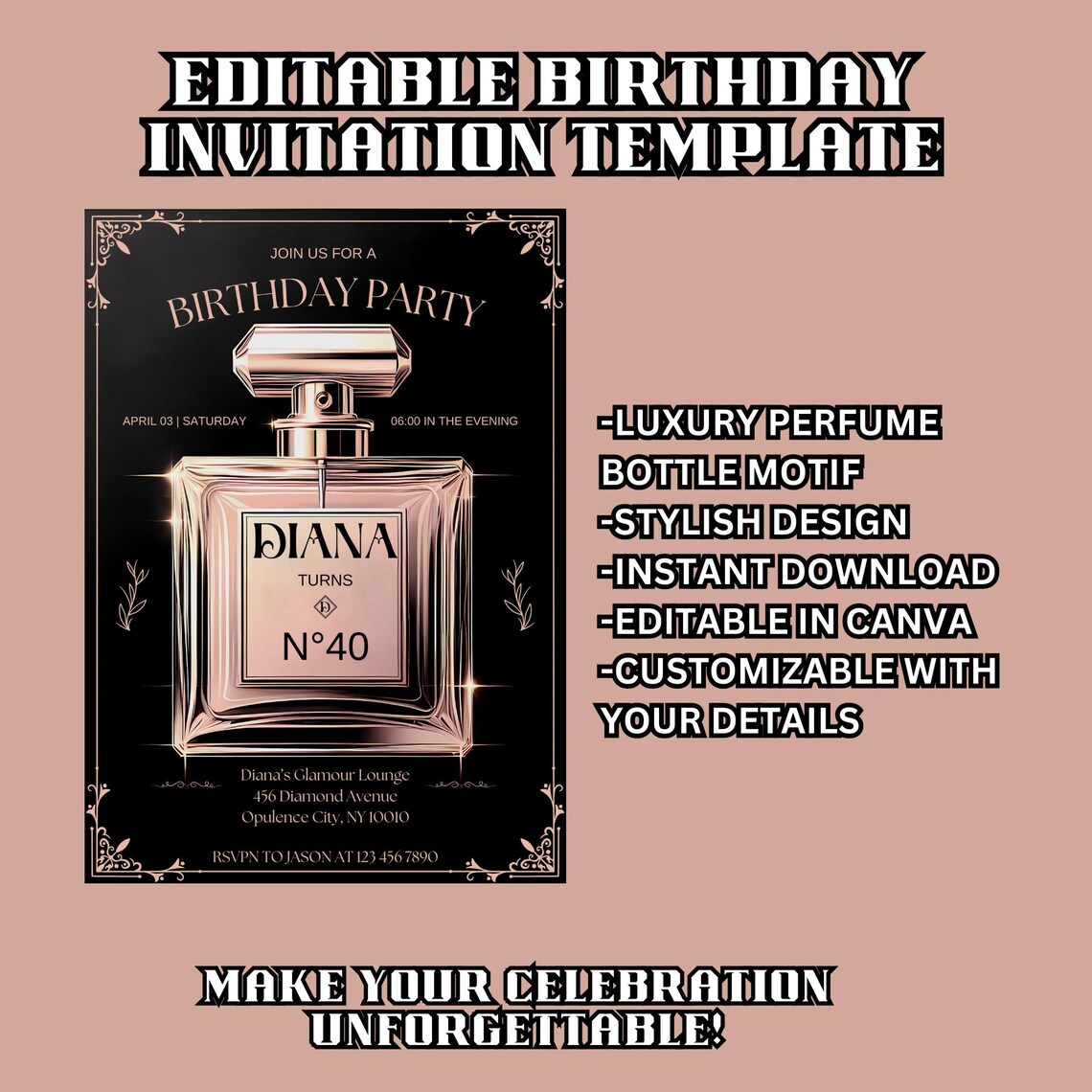 Editable Classic Perfume Bottle Invitation, Glamorous Birthday Party ...