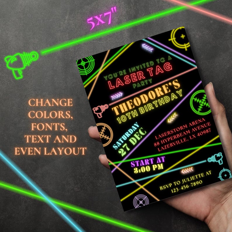 Editable Laser Tag Birthday Invitation - Neon Glow Party Invite ...
