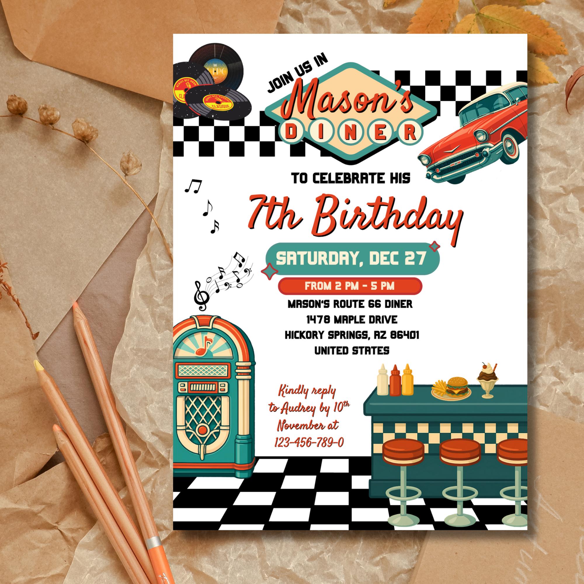 Retro Diner Birthday Invitation | Editable Canva Template | 1950s Theme ...