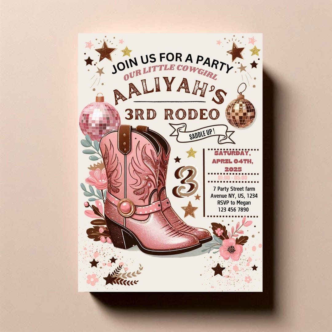Editable Cowgirl Pink Disco Ball Birthday Invitation Template ...