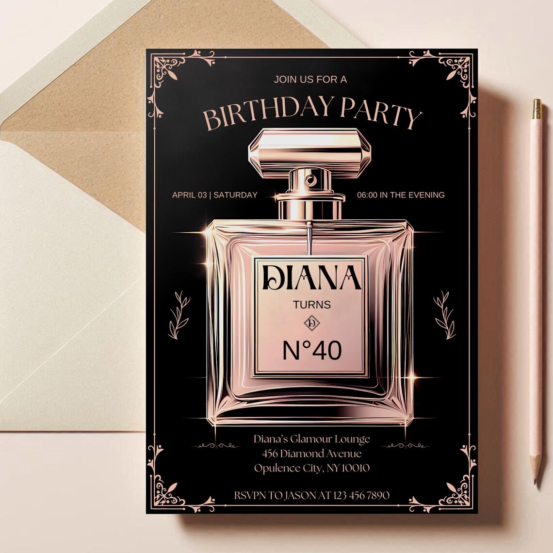 Editable Classic Perfume Bottle Invitation, Glamorous Birthday Party ...