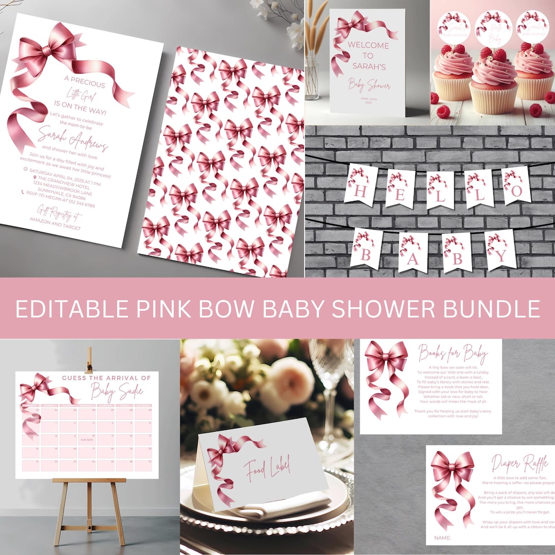 Editable Cute Pink Bow-themed Baby Shower Bundle Editable Invitations ...