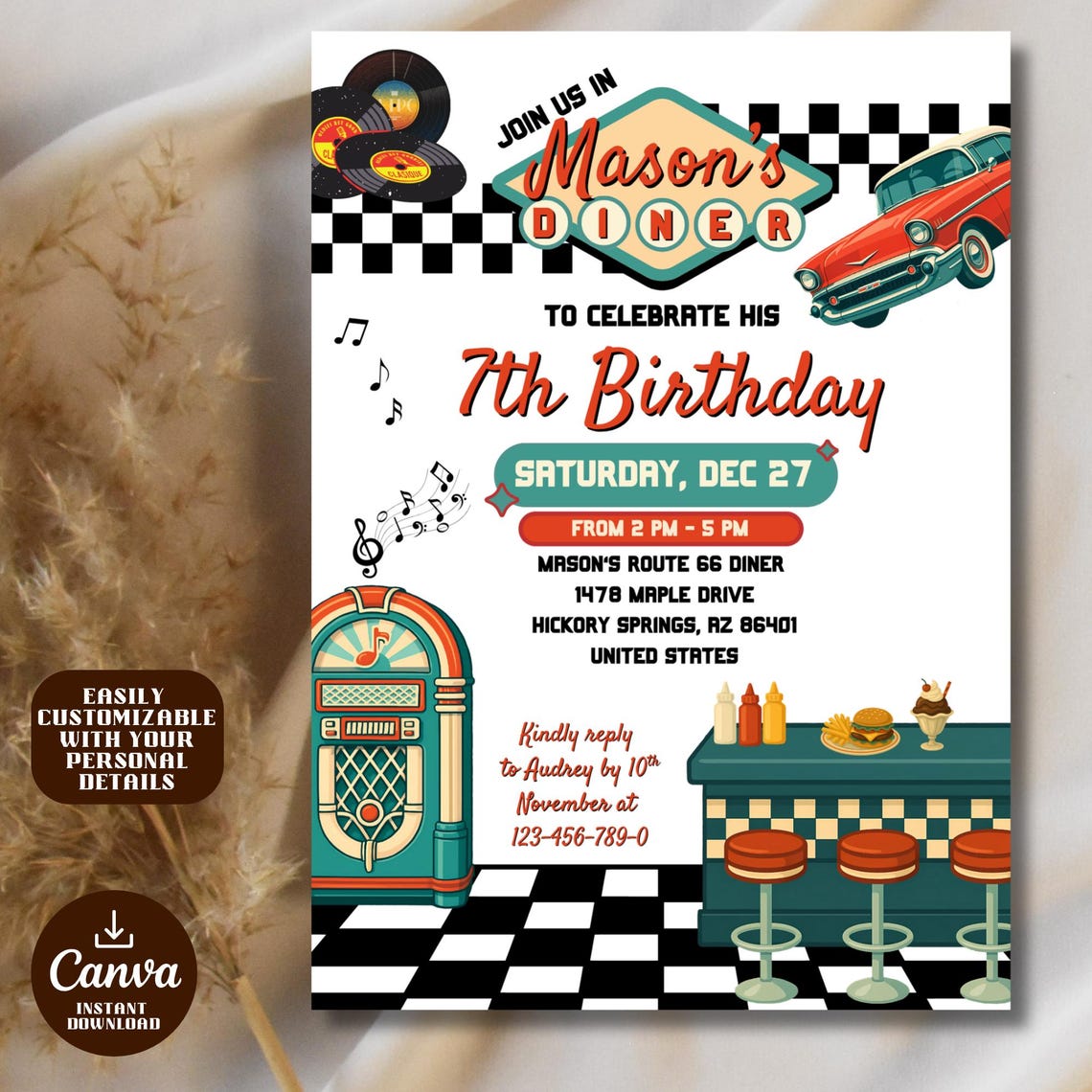 Retro Diner Birthday Invitation | Editable Canva Template | 1950s Theme ...