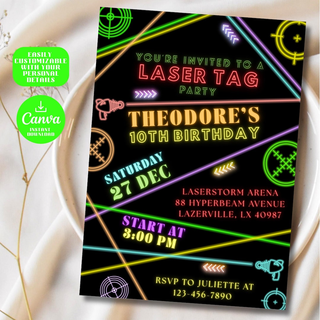 Editable Laser Tag Birthday Invitation - Neon Glow Party Invite ...