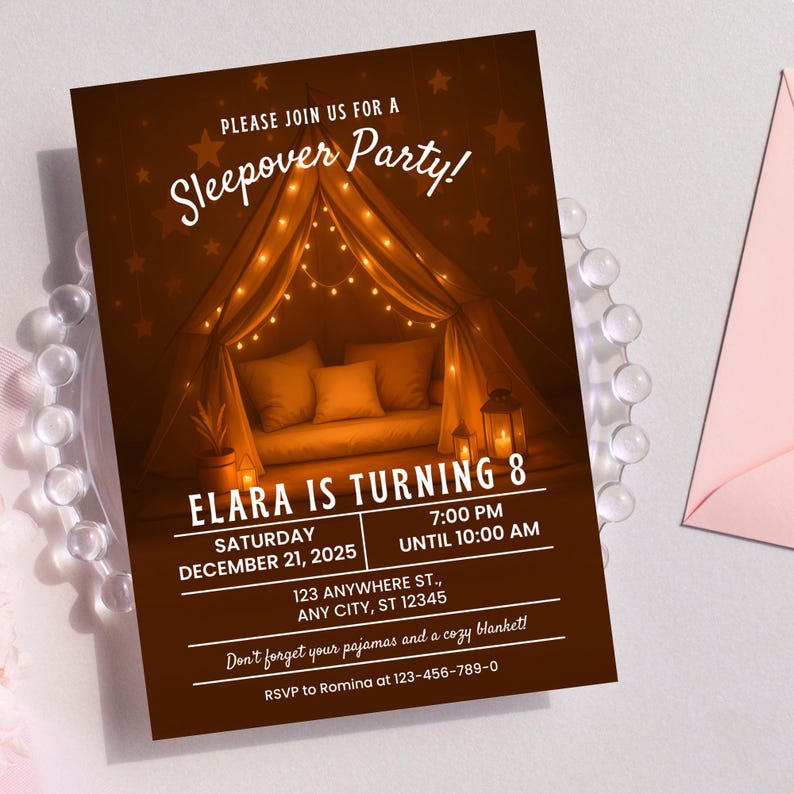 Sleepover Party Invitation for Girls | 5x7" Editable Canva Template ...