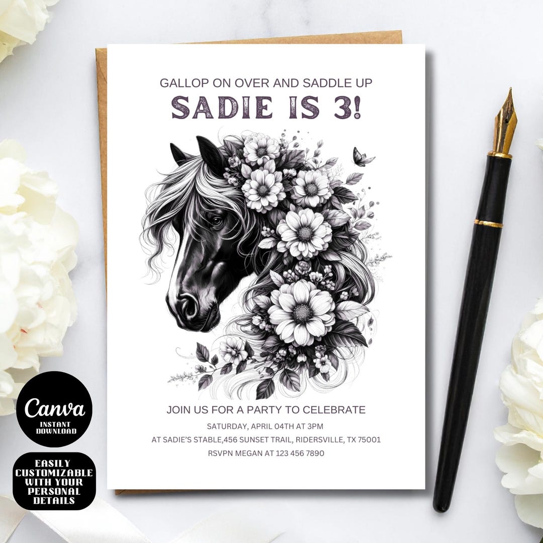 Customizable Horse Birthday Invitation - Floral Equestrian Party ...