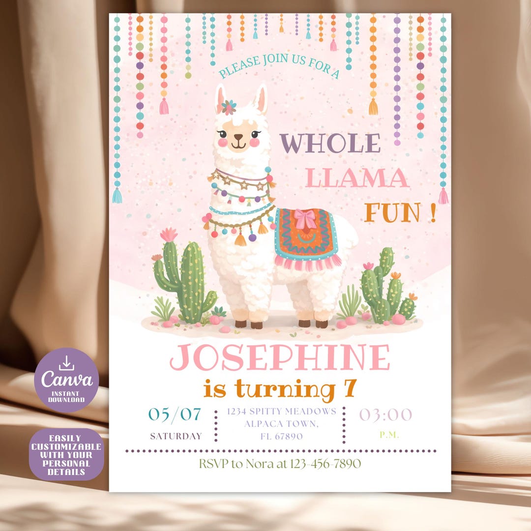 Editable Whole Lllama Fun Birthday Invitation - 5x7 Canva Template ...