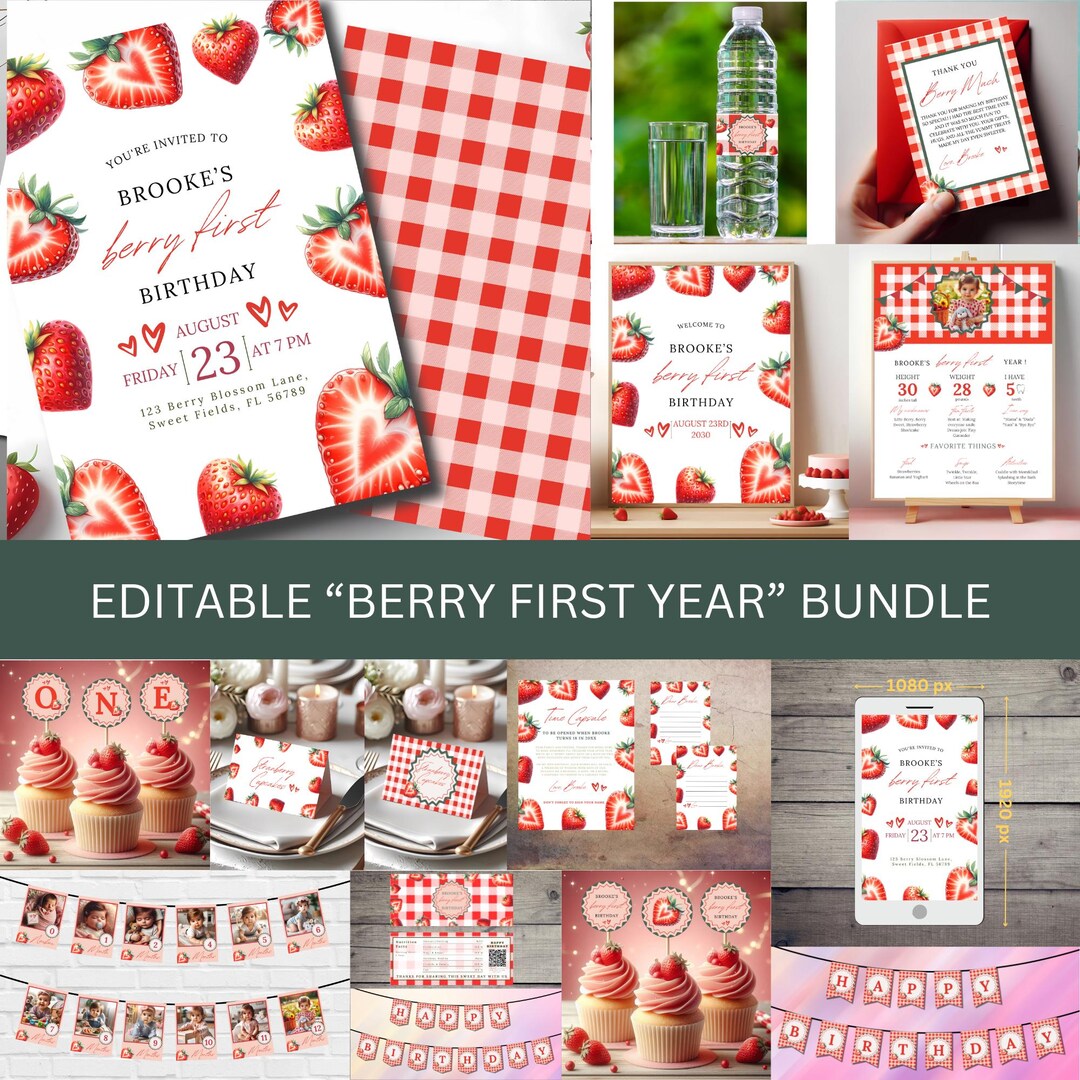 Editable Berry First Birthday Invitation Bundle Template - Adorable ...