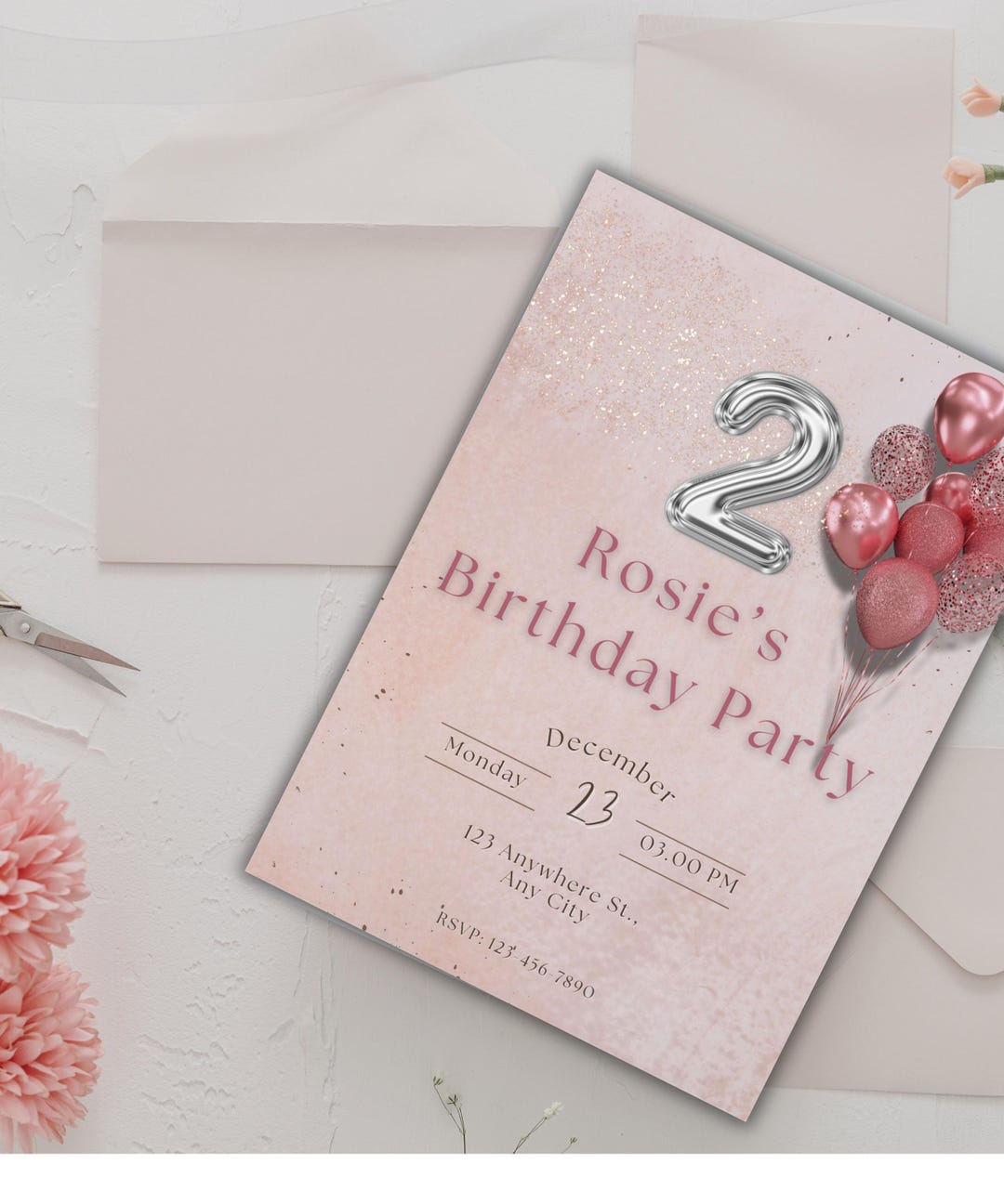 Personalized Girls Second Birthday Invitation | Cute Pink Balloons ...