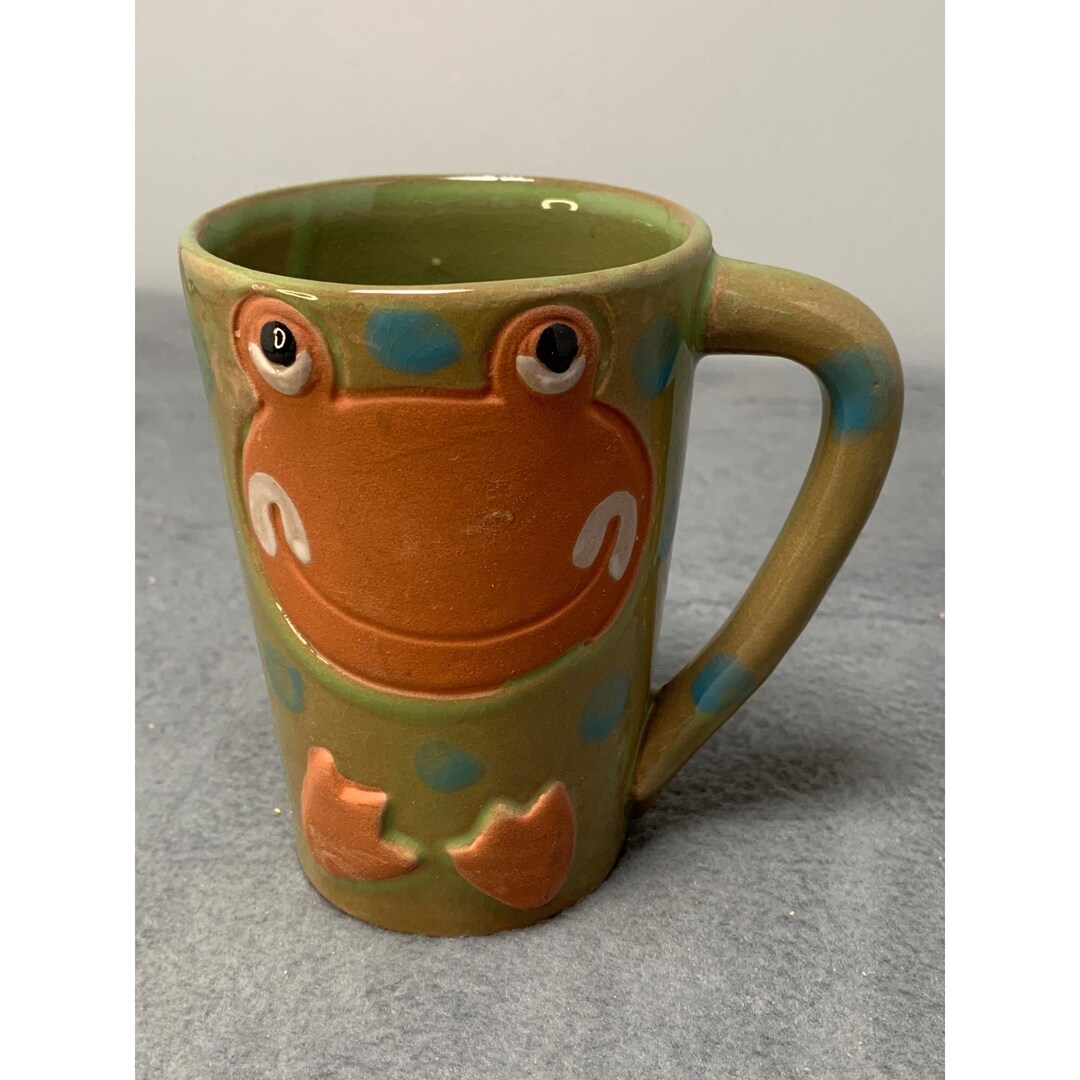 Handmade 1980s Frog Face Ceramic Mug With Blue Polka Dots & Green ...