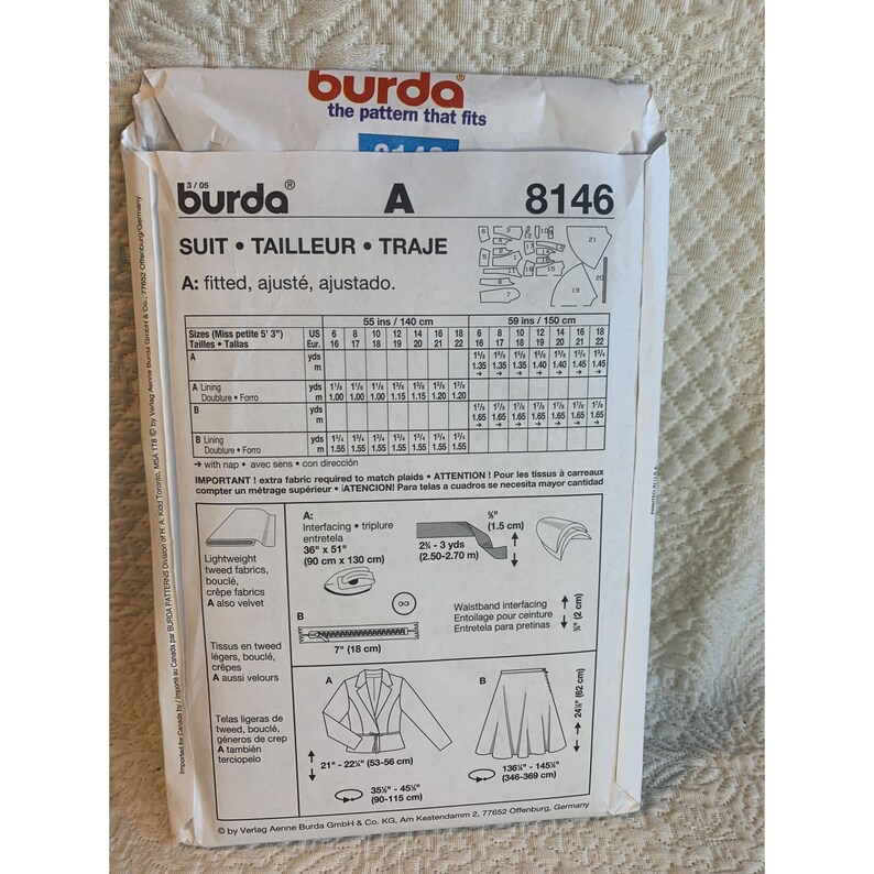 Burda Misses Skirt Jacket Sewing Pattern Size 6 8 10 12 14 16 18 8146 ...