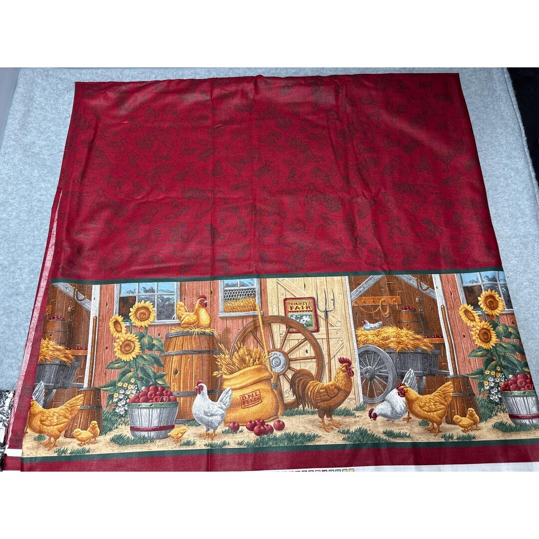 Vintage Country Farm Chicken Rooster Cotton Fabric Panel 1 Yard + 10 ...