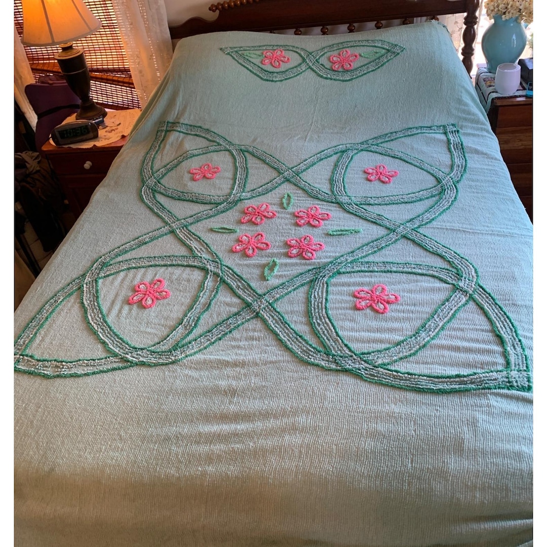 Vintage Chenille Bedspread With Pink Floral Design & Green Geometric ...