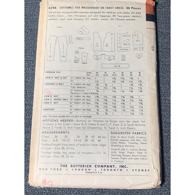 Butterick 6246 Costume Sewing Pattern Adults Size Chest 34 Includes ...