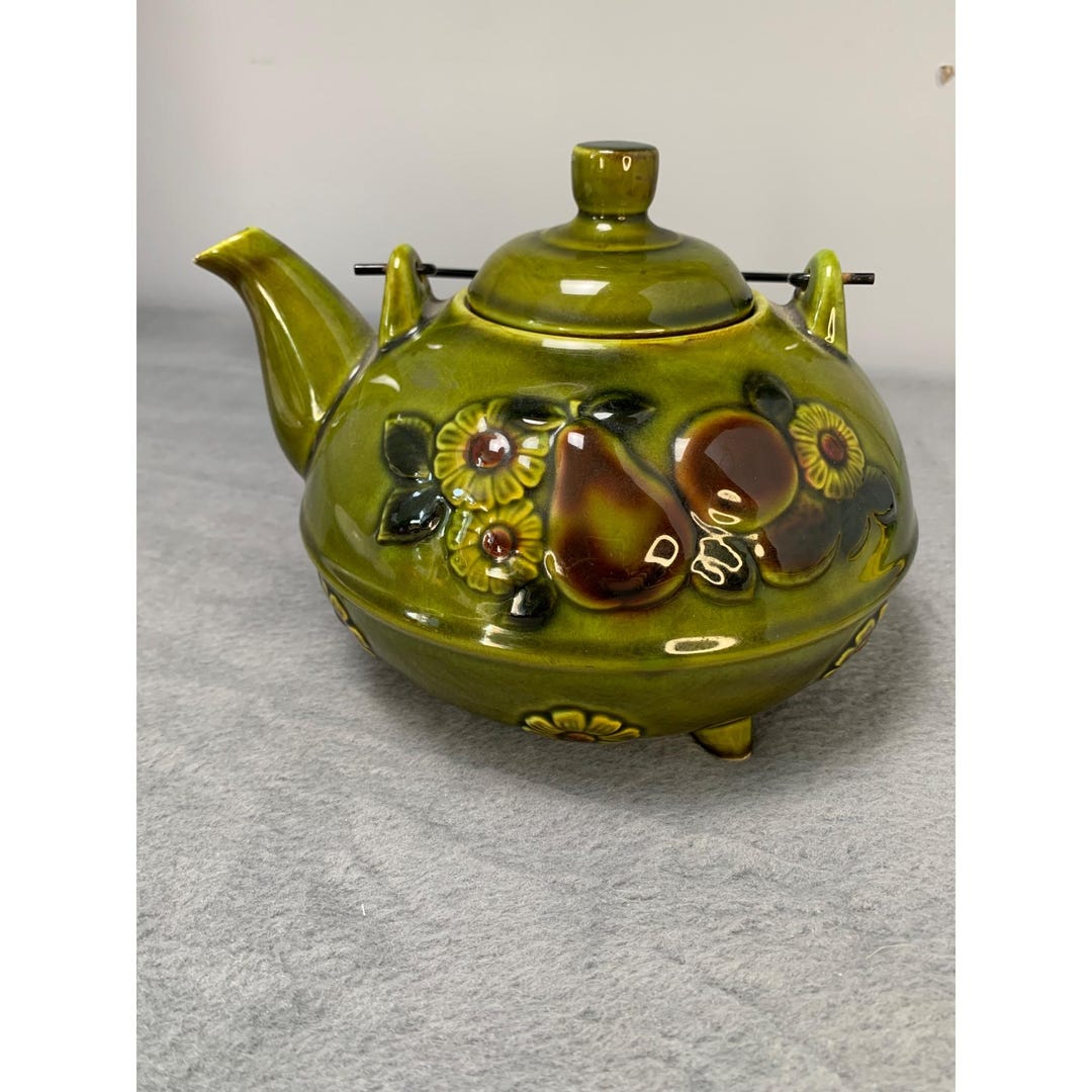Vintage Green Ceramic Teapot With Floral Relief & Wire Handle 1970s - Etsy