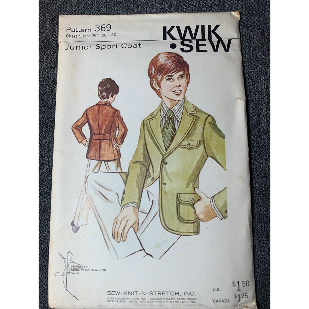 Kwik Sew Boys Junior Sport Coat Sewing Pattern Chest Size 26-30 369 ...
