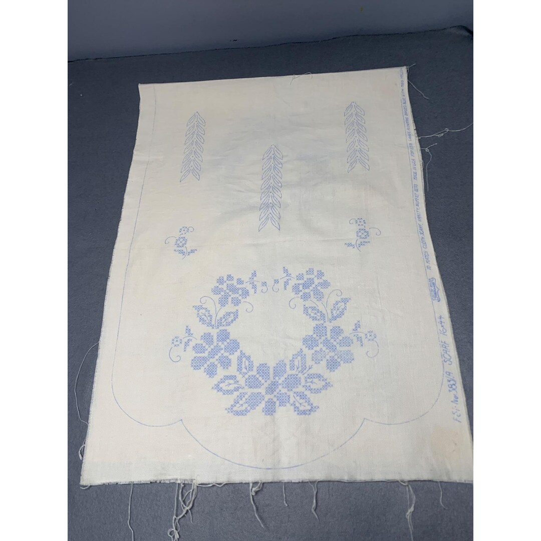 Vintage Stamped Cross Stitch Table Runner 16x44 Blue Floral Design F51 ...