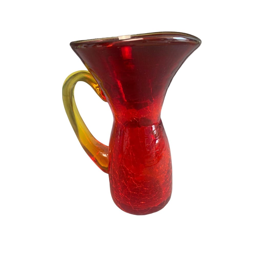 Vintage Crackle Red Glass Miniature Pitcher Vase With Yellow Handle - Etsy