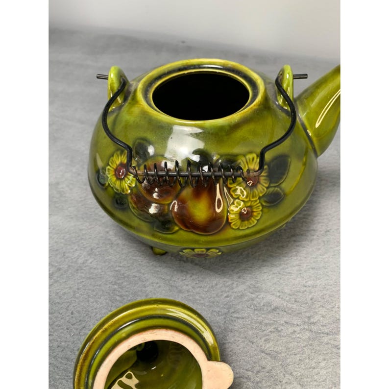 Vintage Green Ceramic Teapot With Floral Relief & Wire Handle 1970s - Etsy