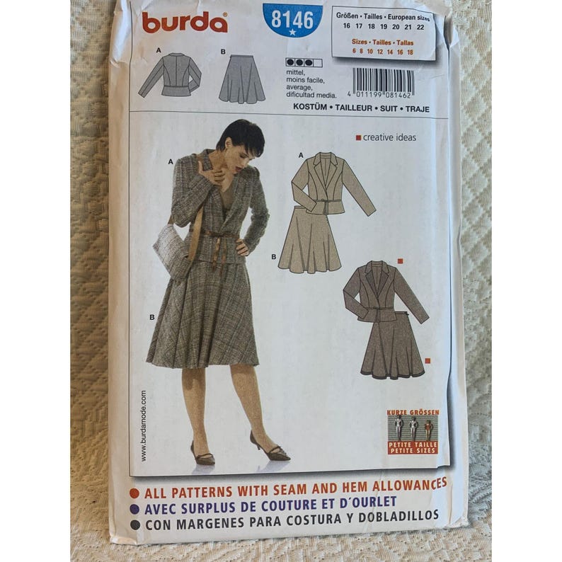 Burda Misses Skirt Jacket Sewing Pattern Size 6 8 10 12 14 16 18 8146 ...
