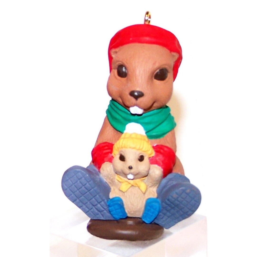 Hallmark 1992 Toboggan Tail Christmas Ornament Beaver Duo Winter Hats ...