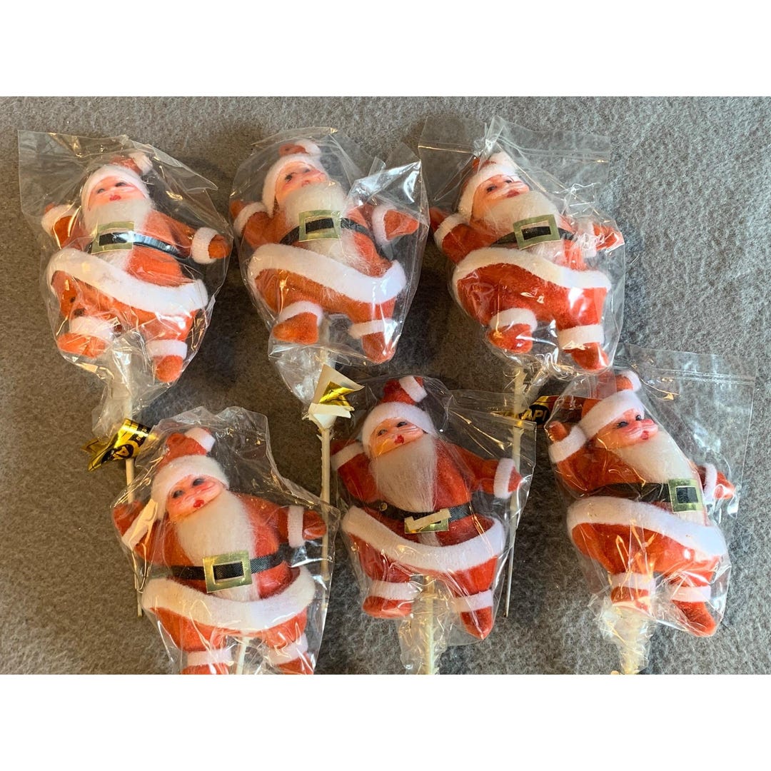 Vintage Flocked Dancing Santa Claus Christmas Floral 4 Pick Set of 6 ...