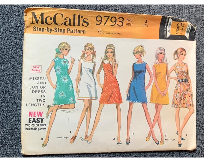 Vintage 1969 Mccalls 9793 Sewing Pattern Size 8 Misses Dress Retro ...