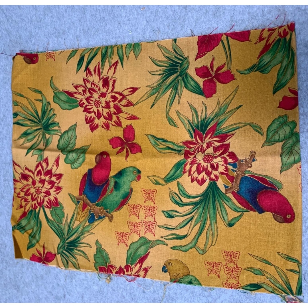 Tropical Parrot & Floral Print Cotton Fabric 1/4 Yard X 44" Mustard ...