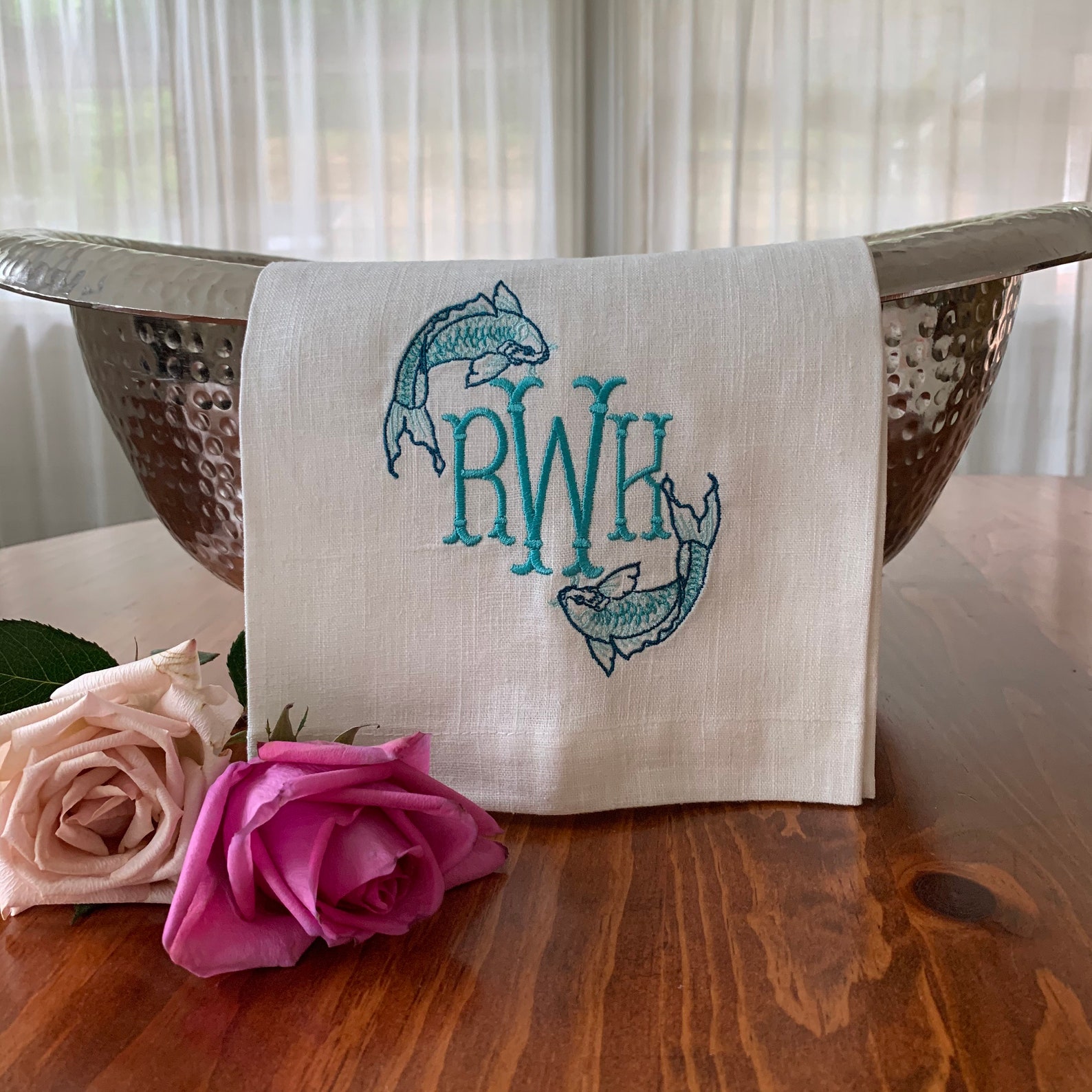 Monogrammed Koi Fish Motif Towel - Etsy