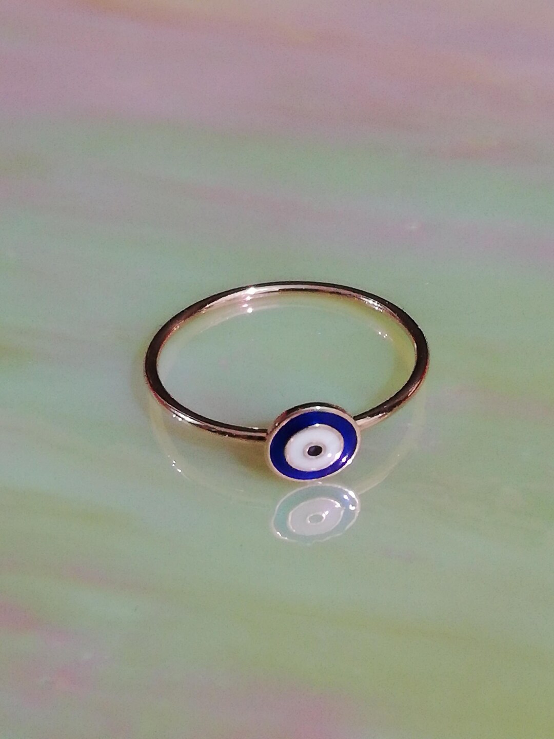 14K Real Gold Evil Eye Ring, Minimalist Blue Eye Ring, Good Luck Ring, Stacking Talisman Ring ...