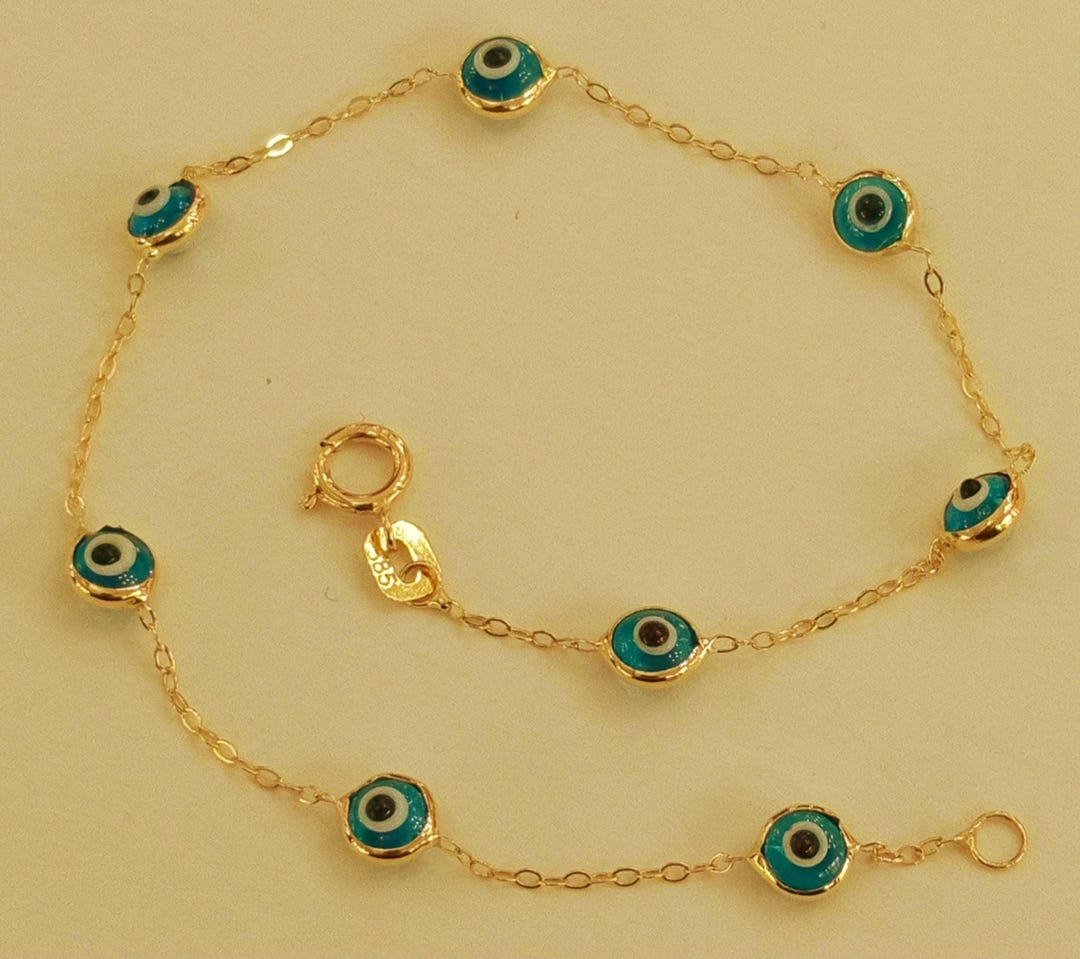 14K Real Gold Blue Eye Set, Minimalist Protection Station Blue Evil Eye ...