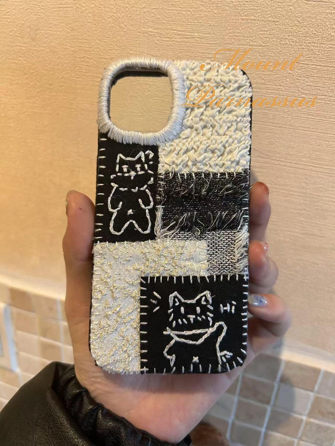 Handmade Patchwork Black and White Cat Line Phone Case – Minimalist ...
