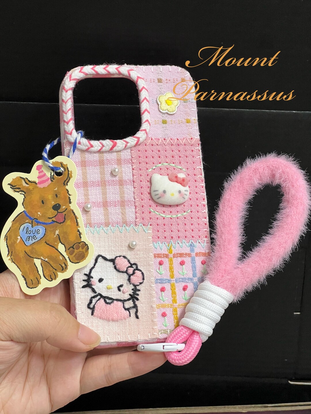 Pastel Embroidered Cartoon Kitten Phone Case With Pink Furry Strap ...