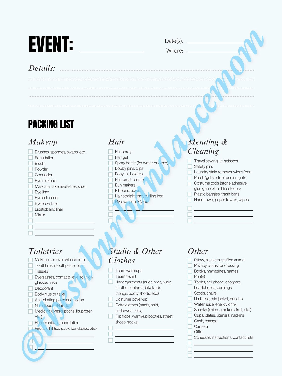 Printable Competition Dance and Cheer Checklist and Planner in Light ...