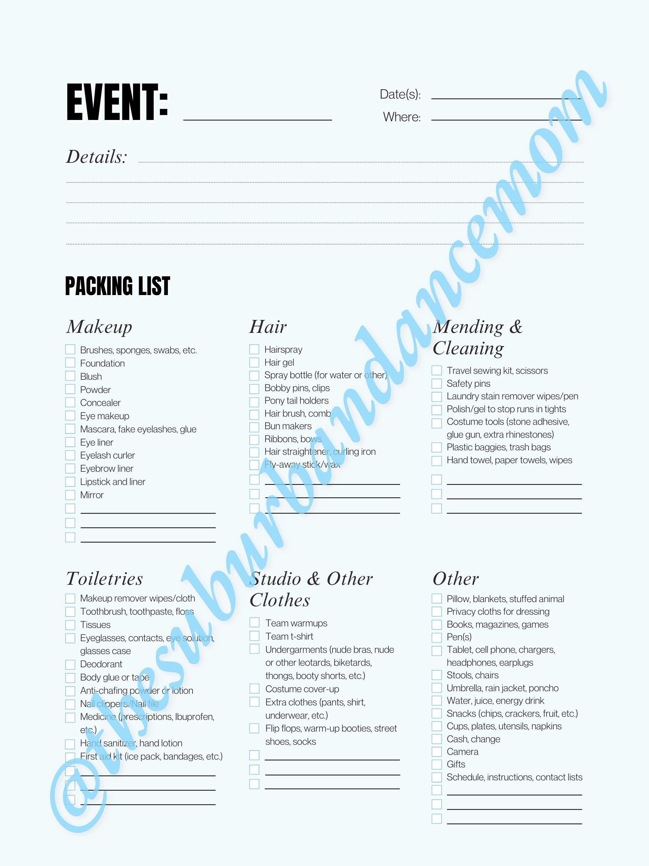 Printable Competition Dance and Cheer Checklist and Planner in Light ...