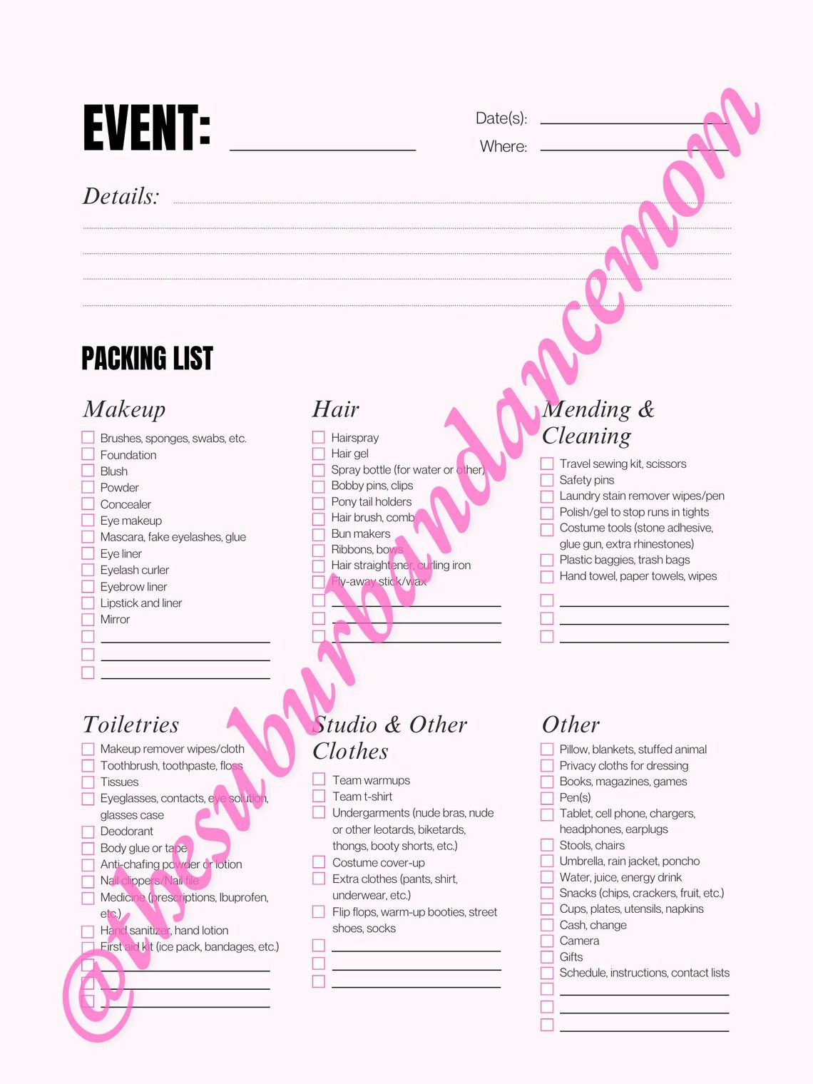Printable Competition Dance and Cheer Checklist and Planner in Light ...
