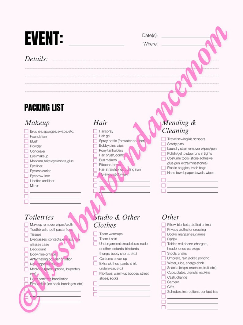 Printable Competition Dance and Cheer Checklist and Planner in Light ...