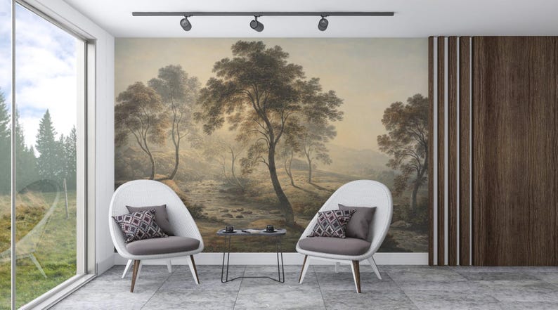 Hand-painted Scenic Nature Art Mural, Pastoral Landscape With Trees and ...