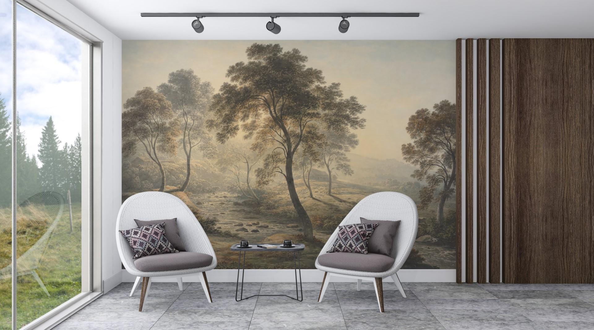 Hand-painted Scenic Nature Art Mural, Pastoral Landscape With Trees and ...