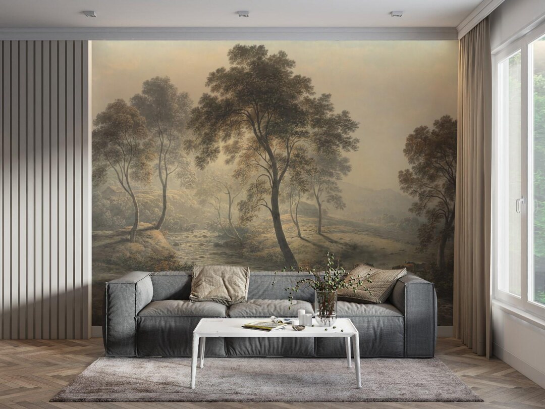 Hand-painted Scenic Nature Art Mural, Pastoral Landscape With Trees and ...