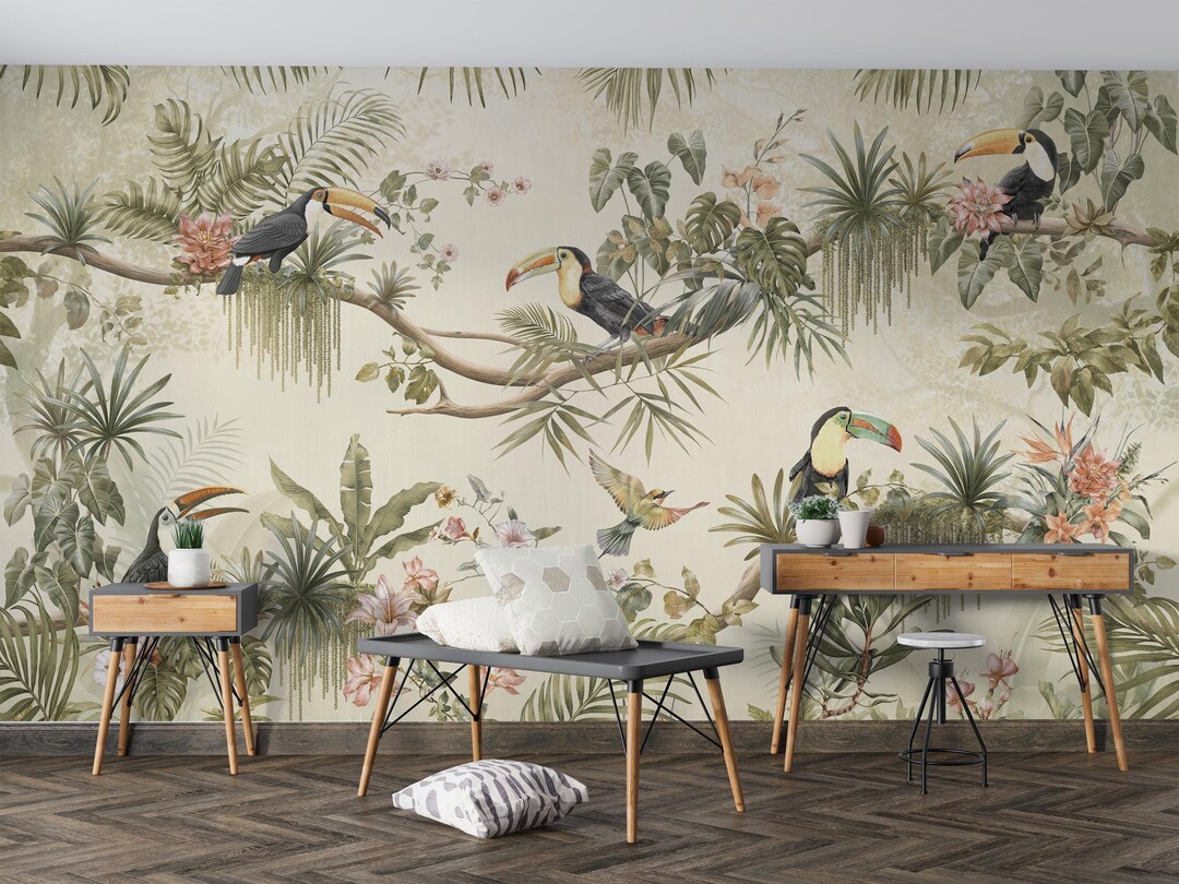 Tropical Bird Mural, Vintage Toucan Jungle Wallpaper, Peel and Stick ...