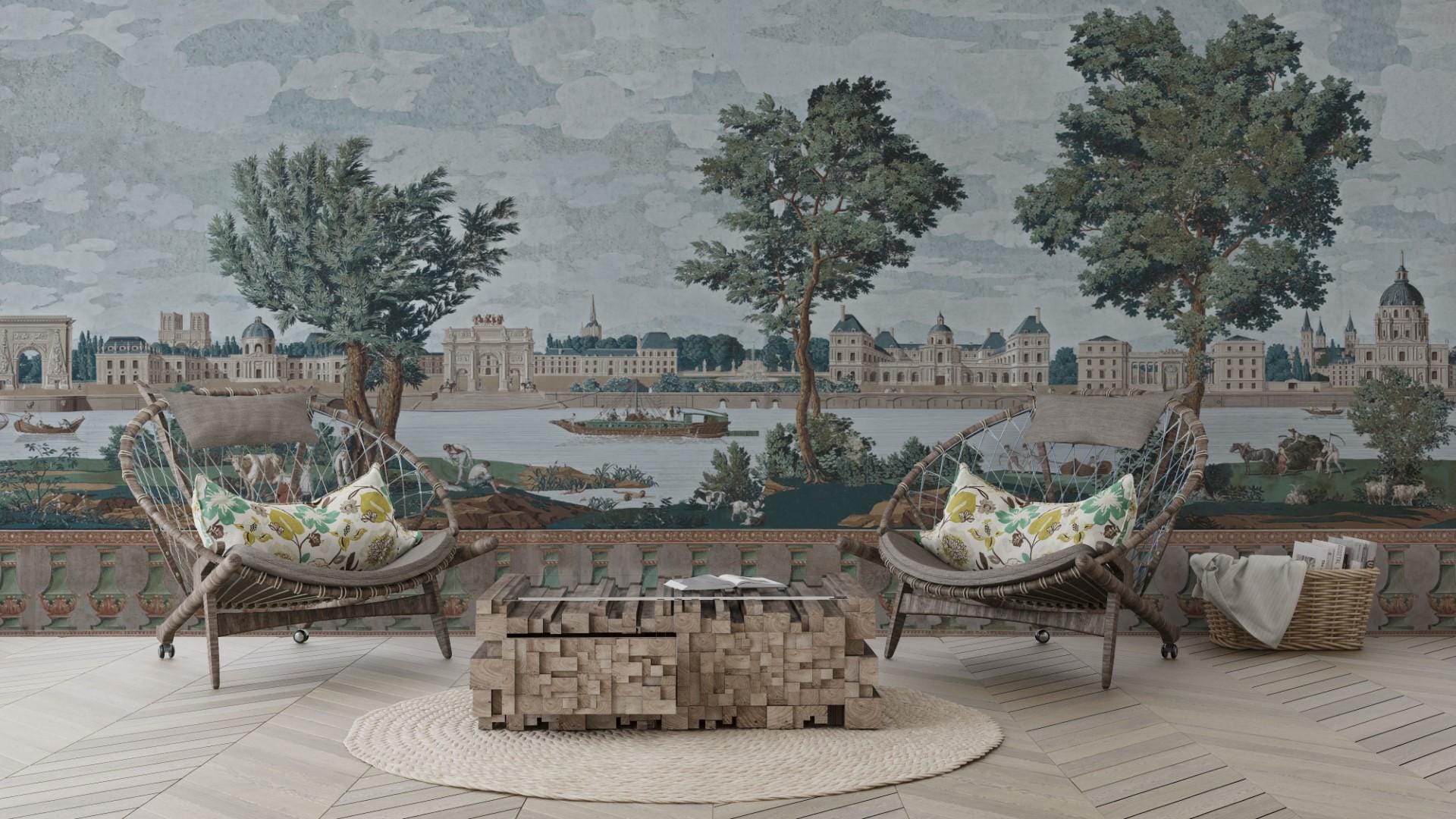 Scenic European City Wall Mural, Historic River View With Classical ...
