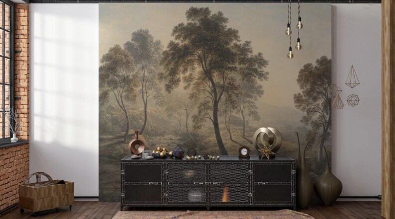 Hand-painted Scenic Nature Art Mural, Pastoral Landscape With Trees and ...