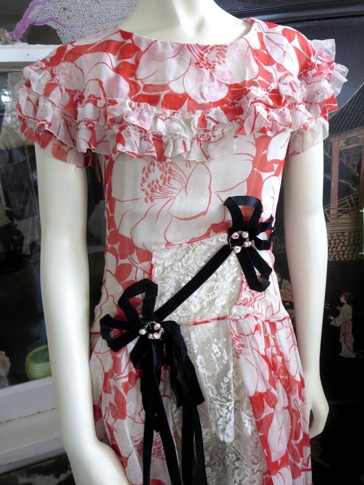 1920s Antique Silk Art Deco Orange Poppy Print Beaded Flapper | Etsy