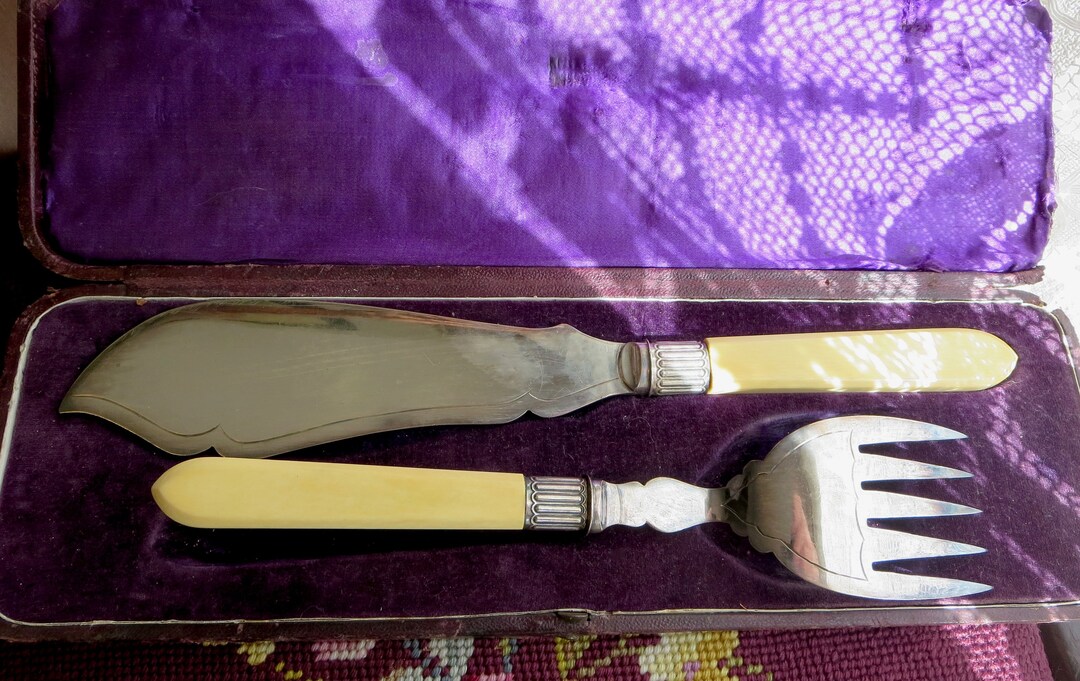 1900s Huge Antique Edwardian Fish Serving Set in Leather Case Monograms ...