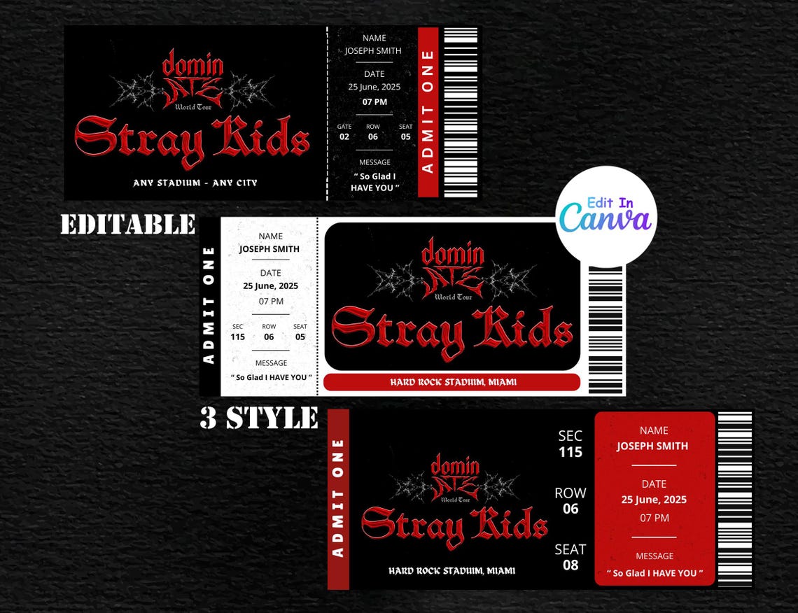 Editable Stray Kids Concert Ticket, Grand Dominate World Tour Ticket ...