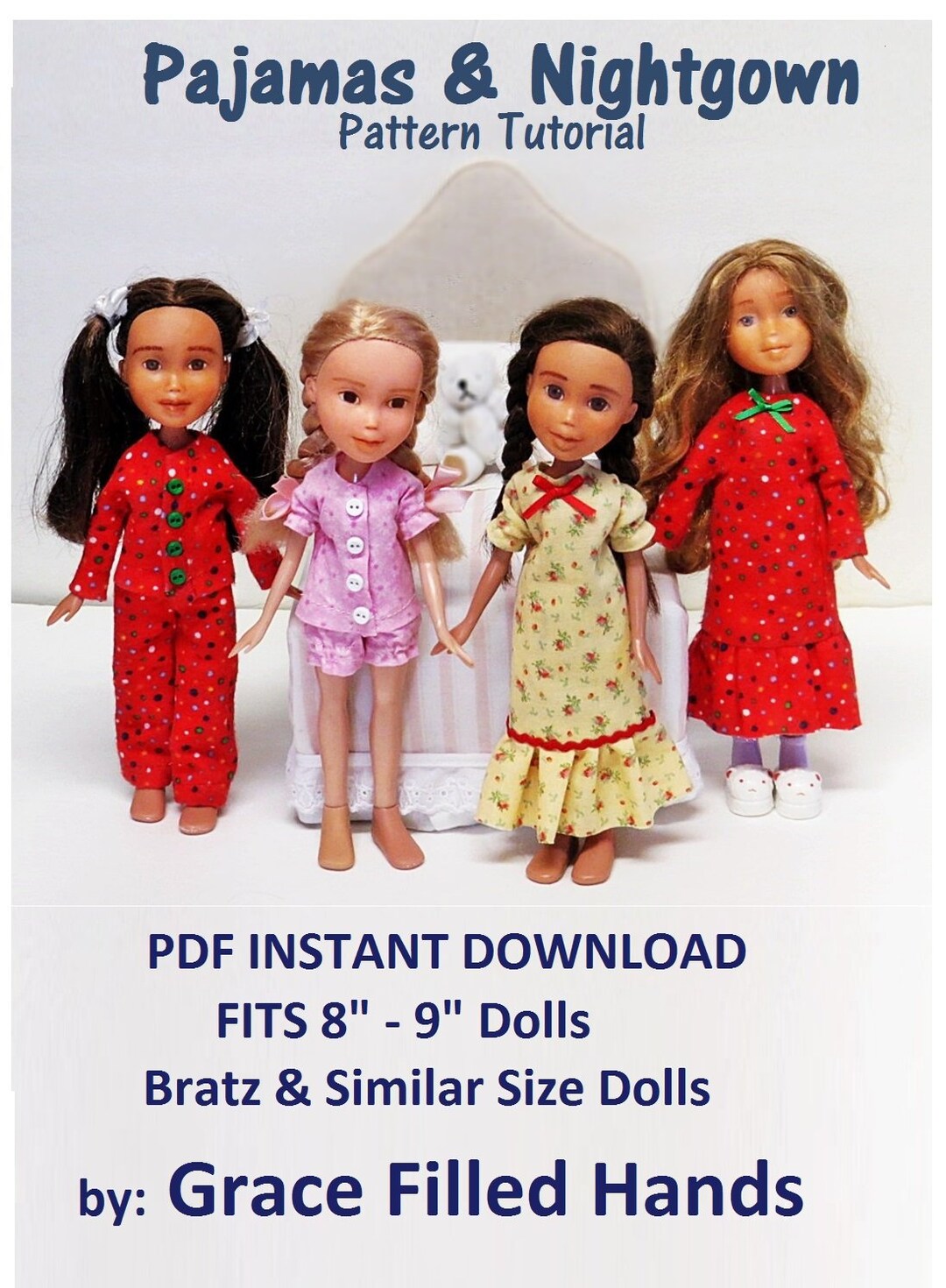 Pajama Nightgown PJ Pattern Tutorial Pictorial PDF Doll Clothes Fits 9 ...