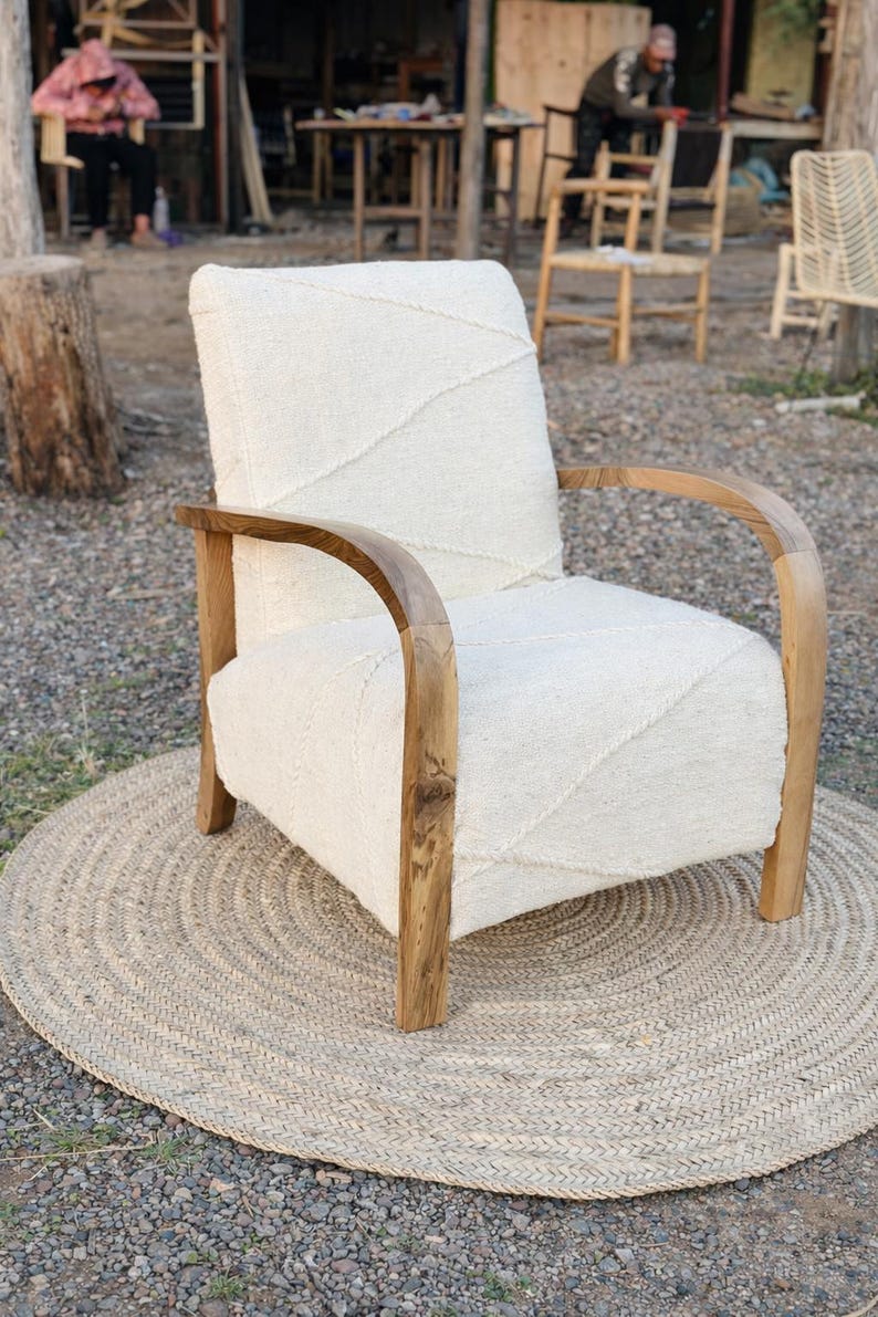Handmade Walnut Wood Moroccan Chair, Textured Fabric Armchair, Rustic ...