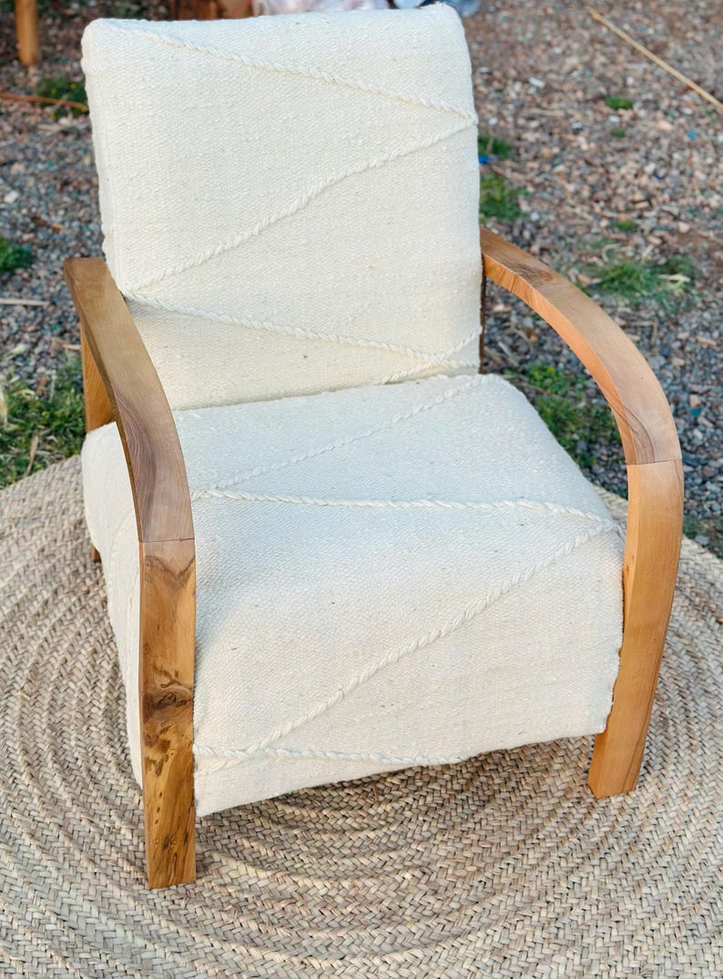 Handmade Walnut Wood Moroccan Chair, Textured Fabric Armchair, Rustic ...